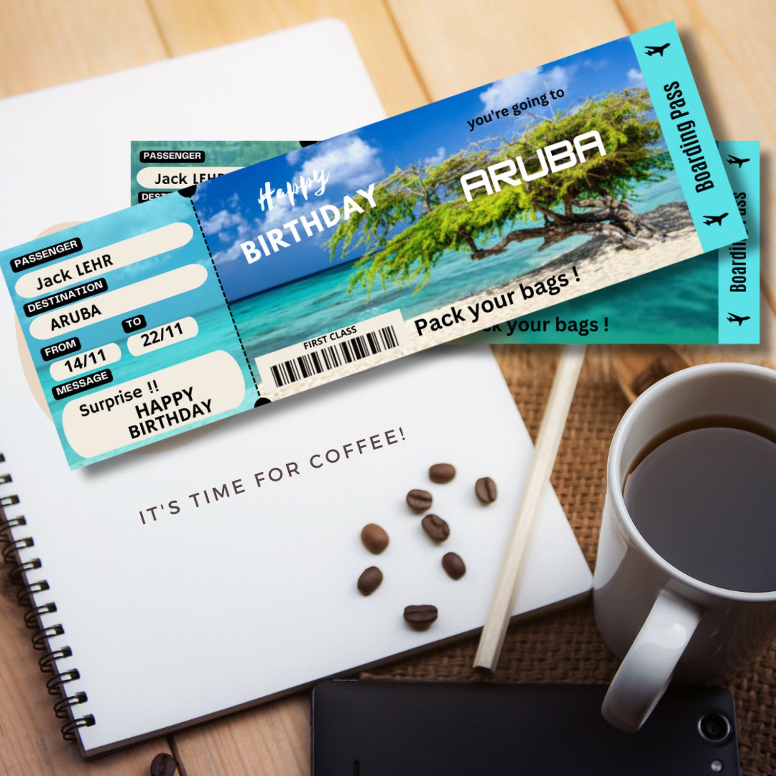 ARUBA Printable Birthday Airplane Ticket, Surprise Travel Ticket ...