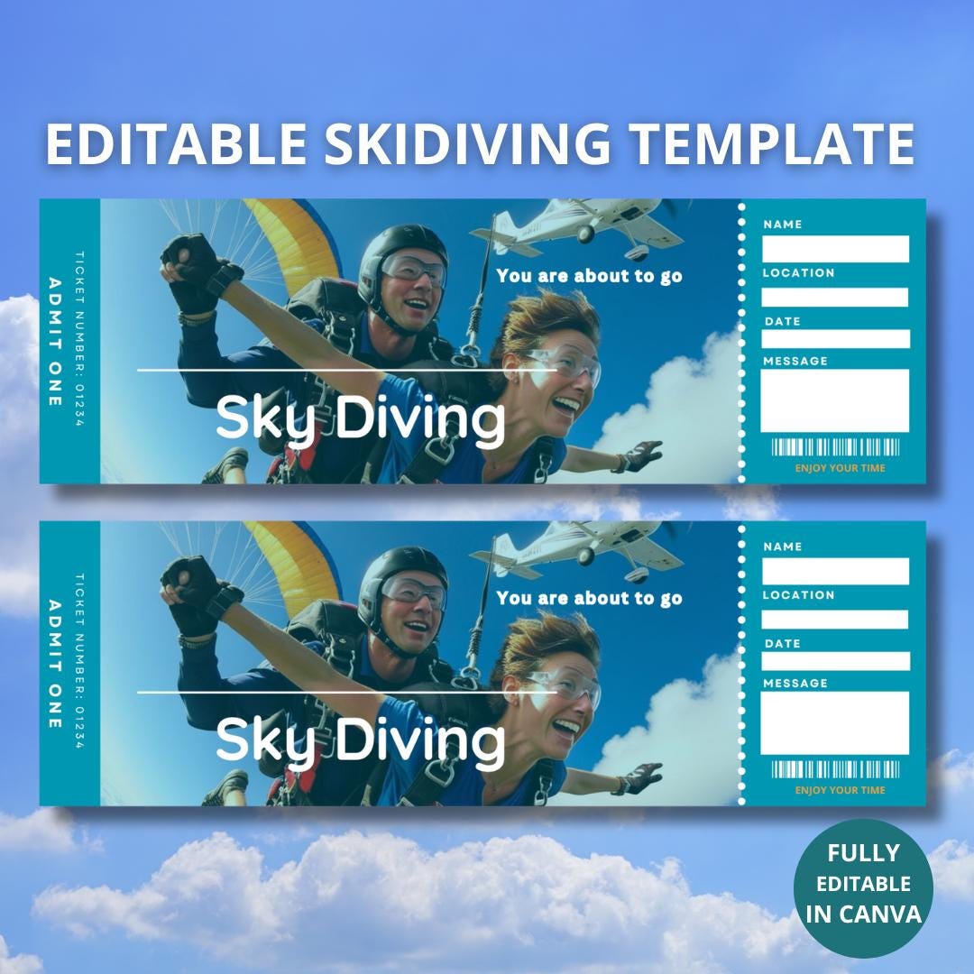 Editable Skydiving Surprise Ticket, Customizable Event Ticket Template ...