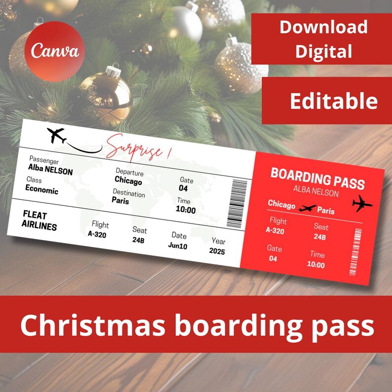 Boarding Pass Template Editable on Canva, DIY Printable Plane Ticket ...