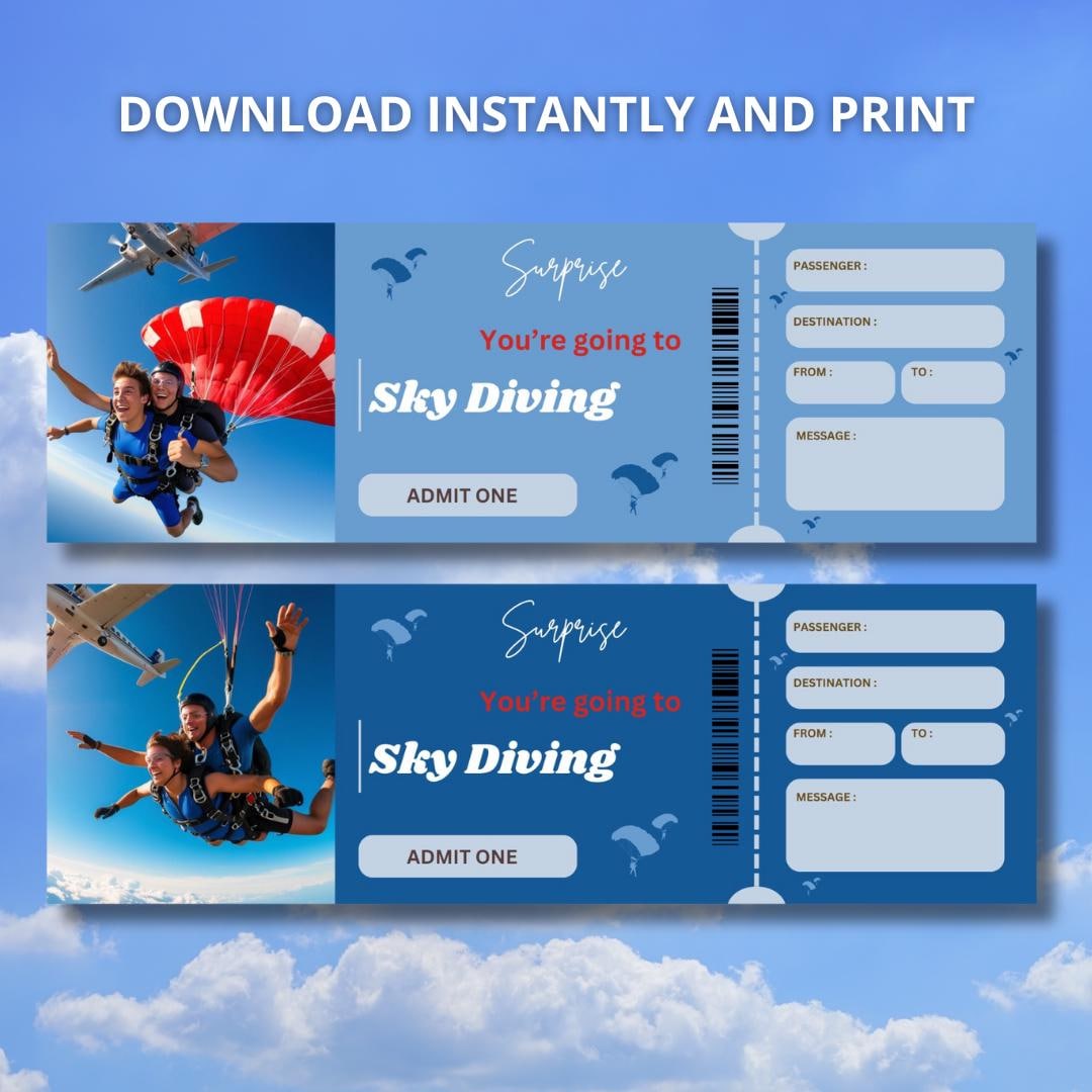 Surprise Skydiving Gift Ticket, Digital Gift Card to Download, Print ...