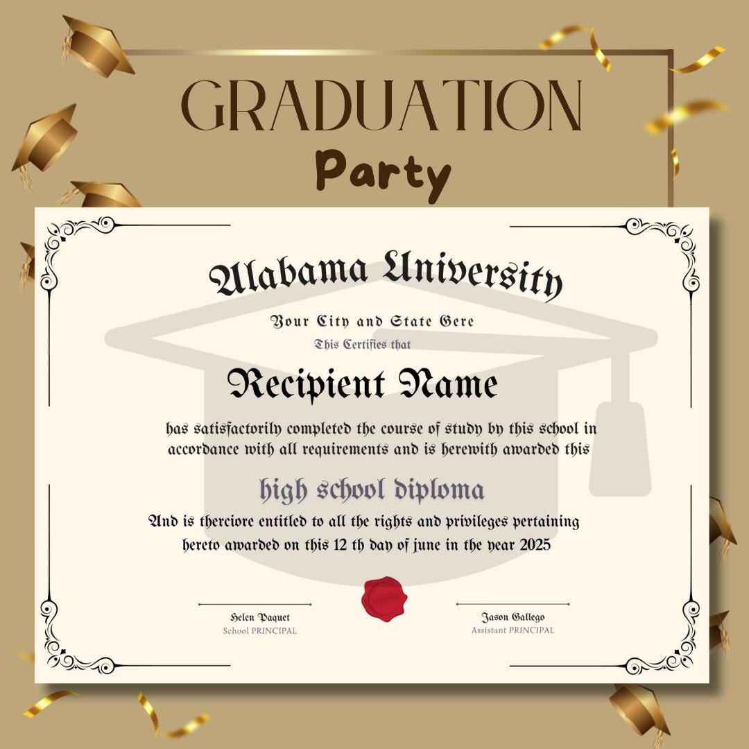Fake High School Diploma to Personalize, Editable Digital Template and ...
