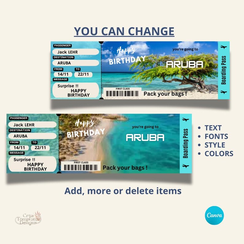 ARUBA Printable Birthday Airplane Ticket, Surprise Travel Ticket ...