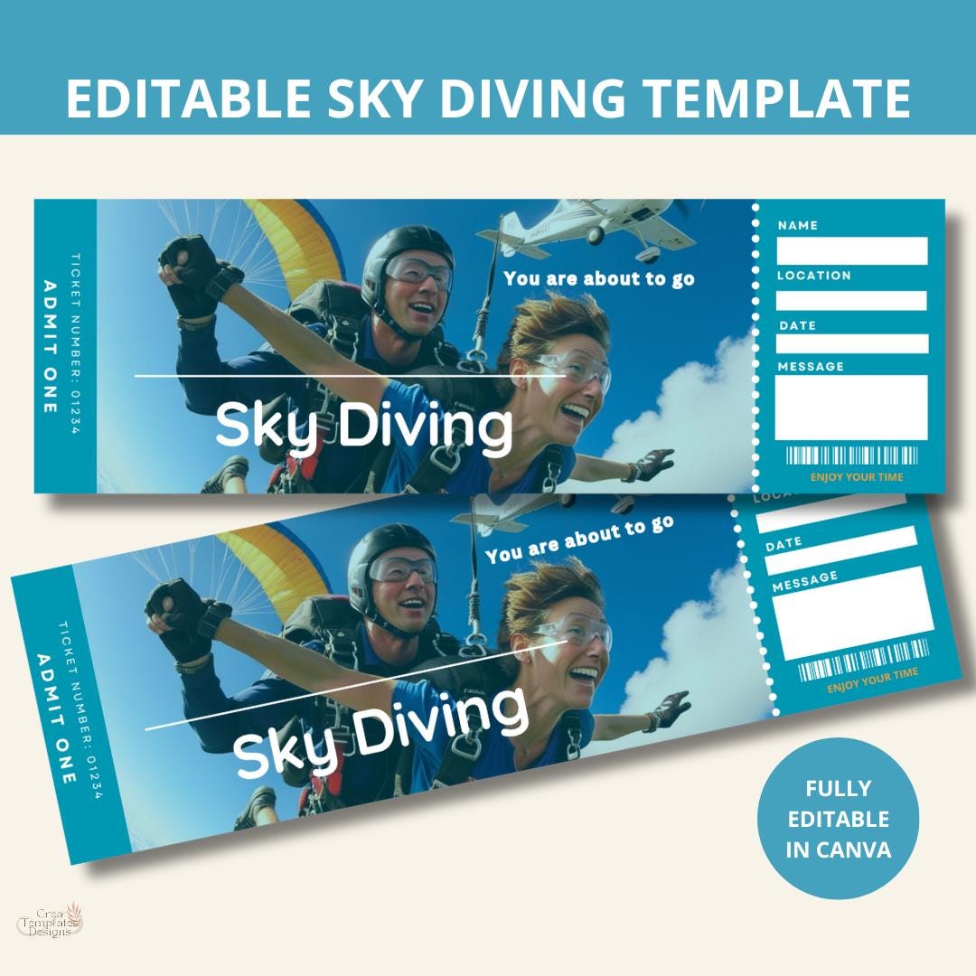 Editable Skydiving Surprise Ticket, Customizable Event Ticket Template ...