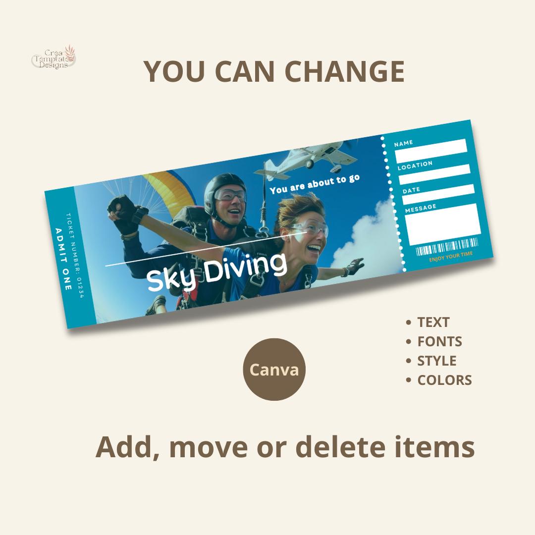 Editable Skydiving Surprise Ticket, Customizable Event Ticket Template ...