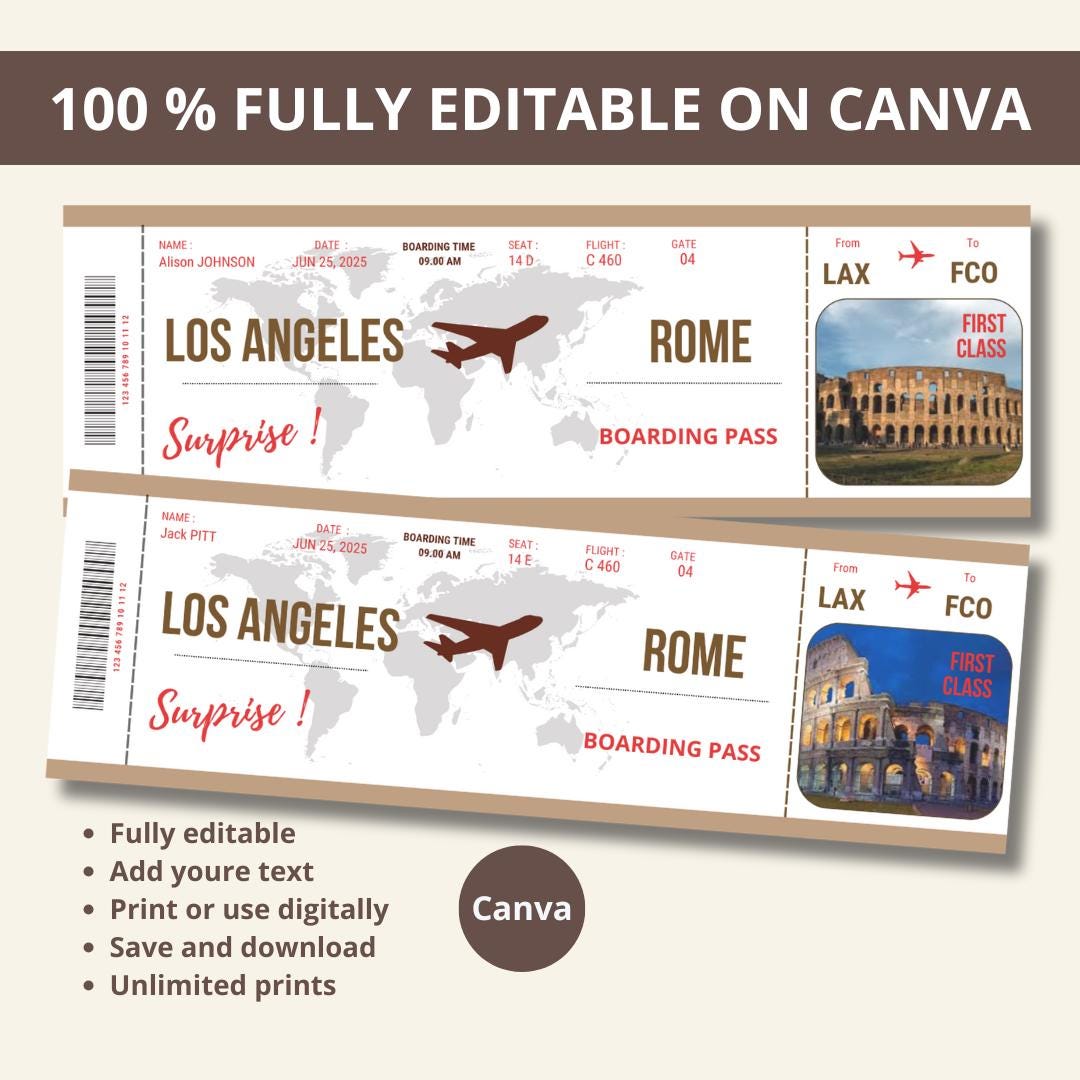 Customizable Travel Voucher Template for Rome, Editable and Printable ...