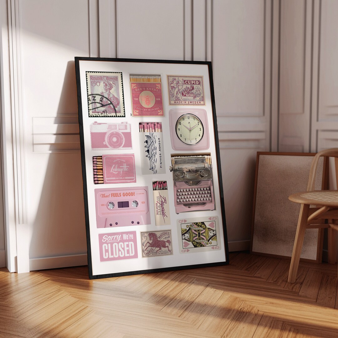 Pink Scheme Retro Objects Print Trendy Aesthetic Wall Art Pink Print ...
