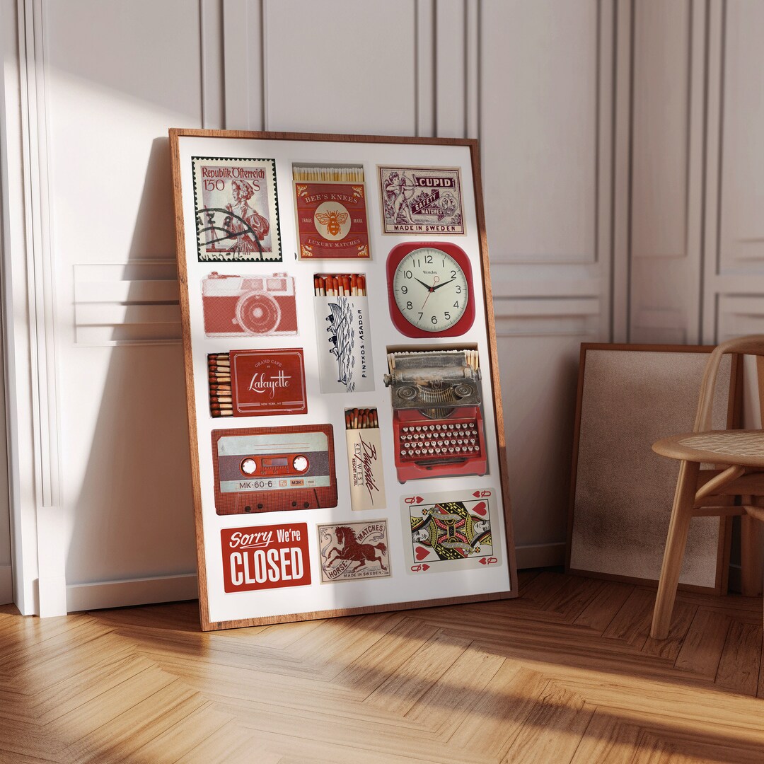 Red Scheme Retro Objects Print- Red Trendy Print Aesthetic Matchbox ...