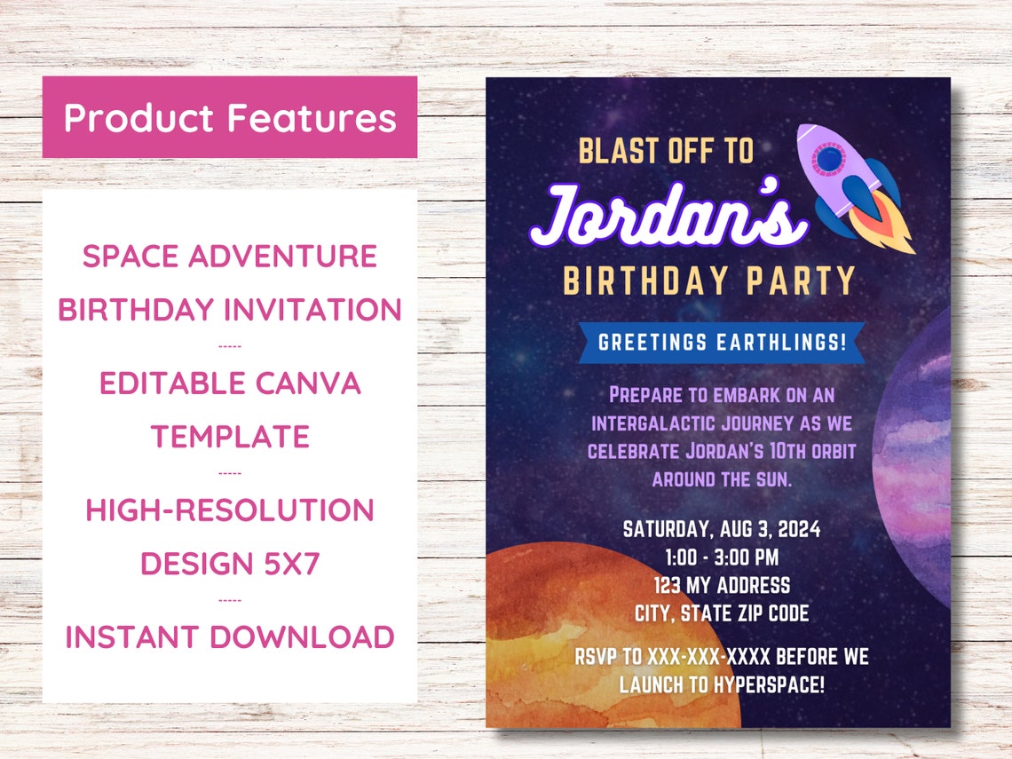 Space Adventure Birthday Invitation Editable Template Outer Space Party ...
