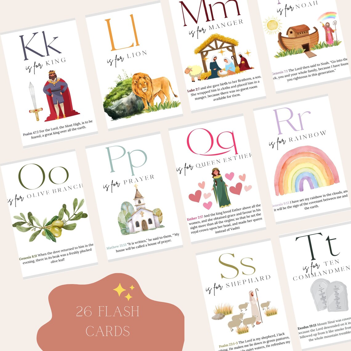Watercolor Bible Alphabet Flash Cards: Homeschool ABC Set (printable ...