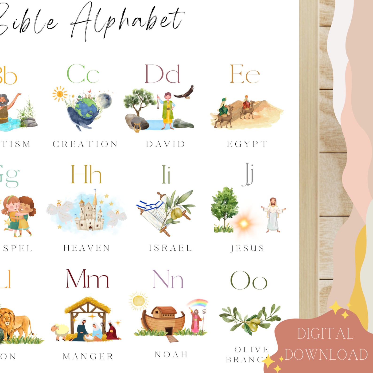 Bible Alphabet Kids Artwork Poster ABC Bible Scripture Preschool Art ...