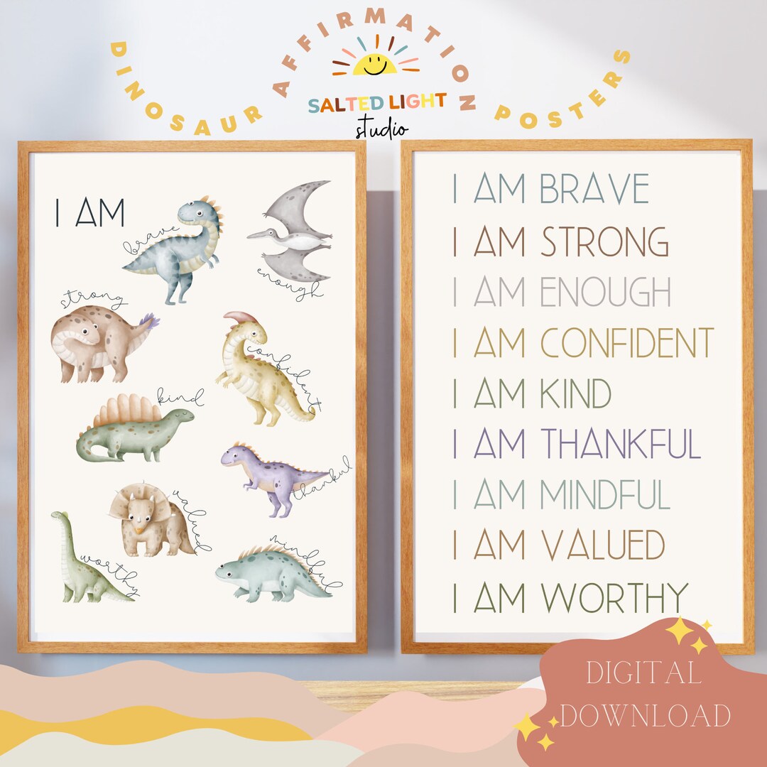 Dinosaur Affirmations Chart Illustration Artwork Poster Set| Christian ...