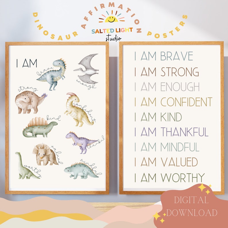 Dinosaur Affirmations Chart Illustration Artwork Poster Set| Christian ...