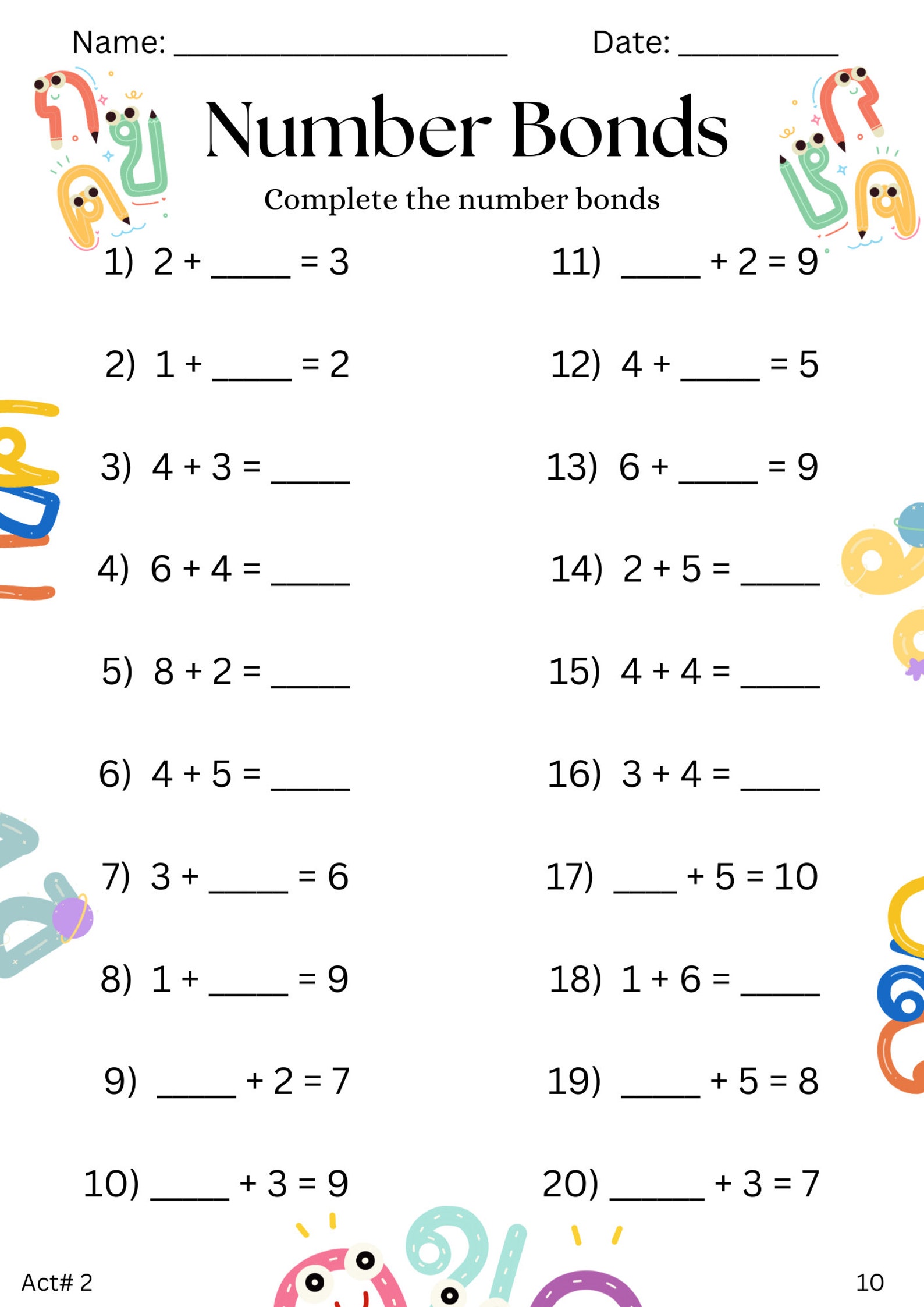 Number Bonds Activity Worksheets Vol. 1 Number Bonds to 10 Over 35 A4 ...