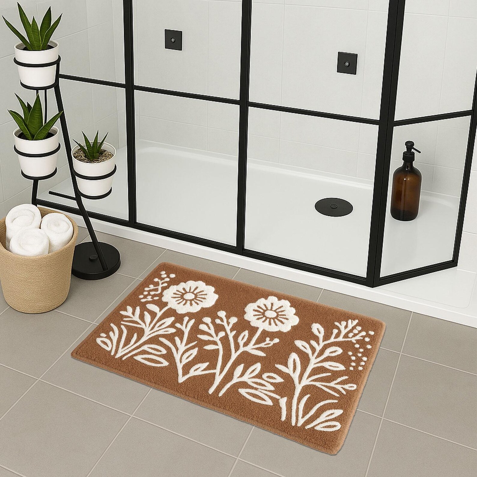 White Floral Bath Mat for Bathroom Décor – Flowers Long Soft Absorbent ...