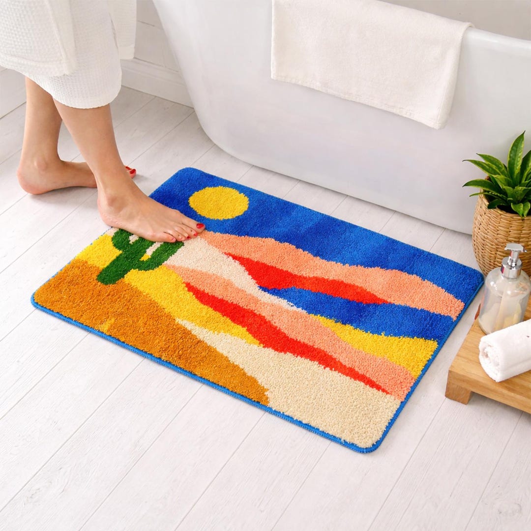Cactus Bath Rug: Desert Landscape Bathroom Decor, Soft Microfiber Mat ...