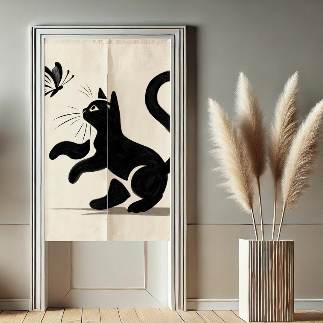 Black Cat Noren Curtain, Cute Kitty Doorway Tapestry, Room Divider - Etsy