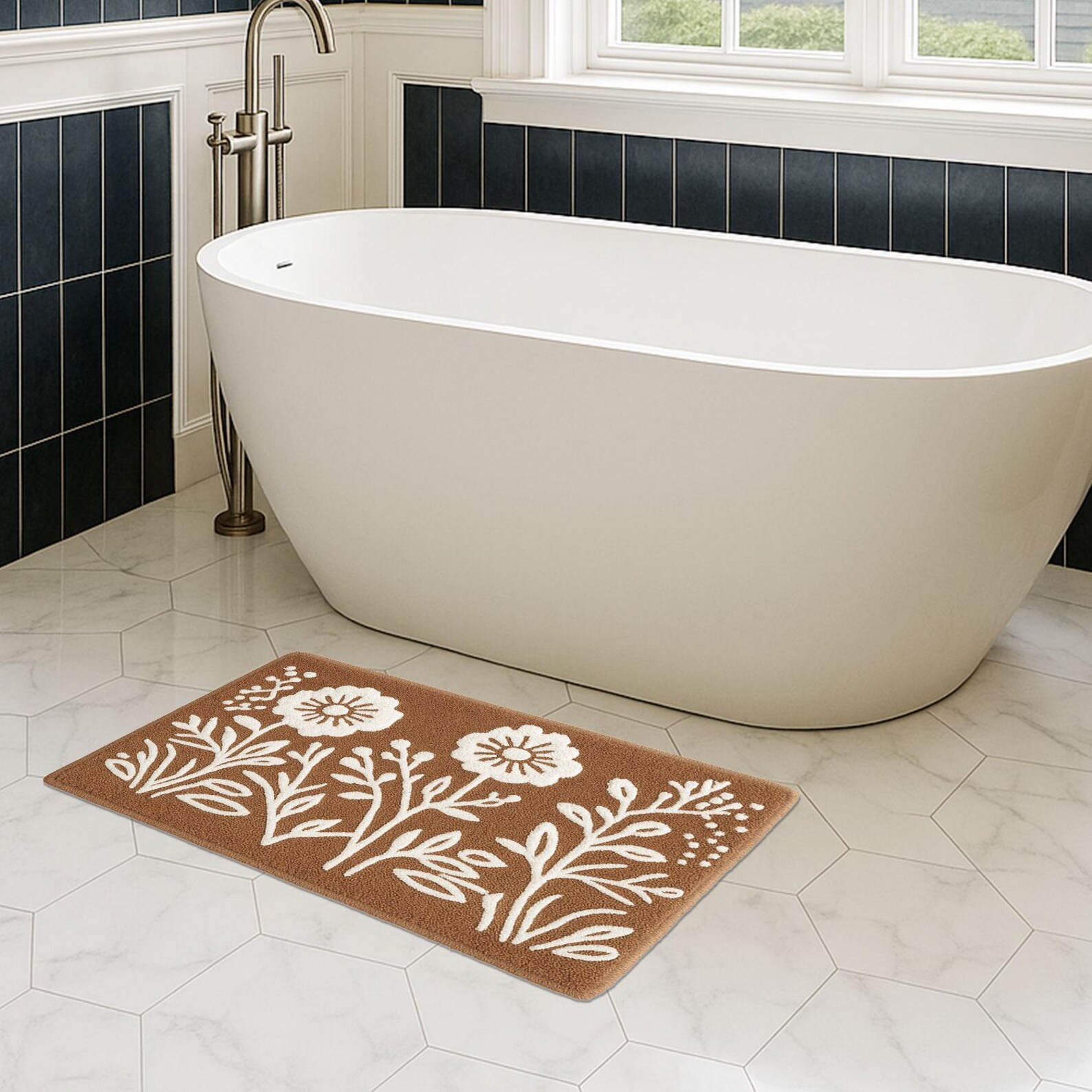 White Floral Bath Mat for Bathroom Décor – Flowers Long Soft Absorbent ...