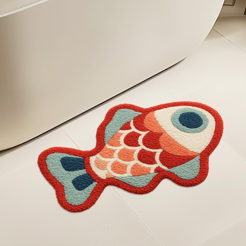 Cute Fish Bath Mat for Bathroom Décor Soft Absorbent Microfiber Bathtub ...