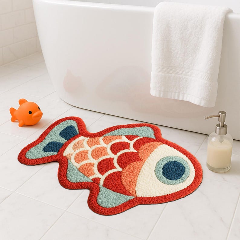 Cute Fish Bath Mat for Bathroom Décor Soft Absorbent Microfiber Bathtub ...