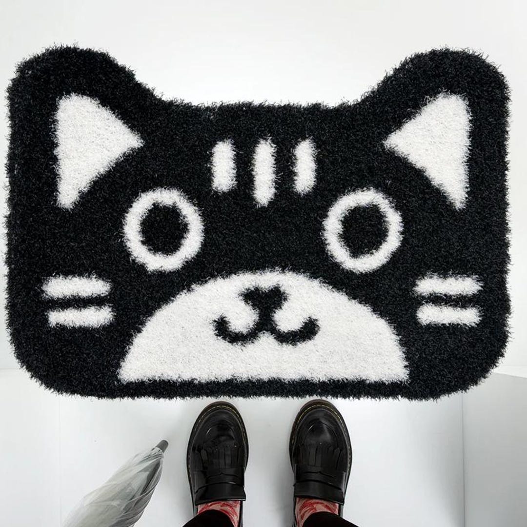 Cute Cat Welcome Doormat Black White Animal PVC Indoor & Outdoor Front ...