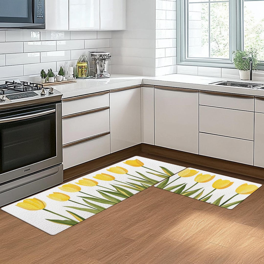 Yellow Tulip Kitchen Mat Anti-fatigue Non-slip Rug for Kitchen Dining ...
