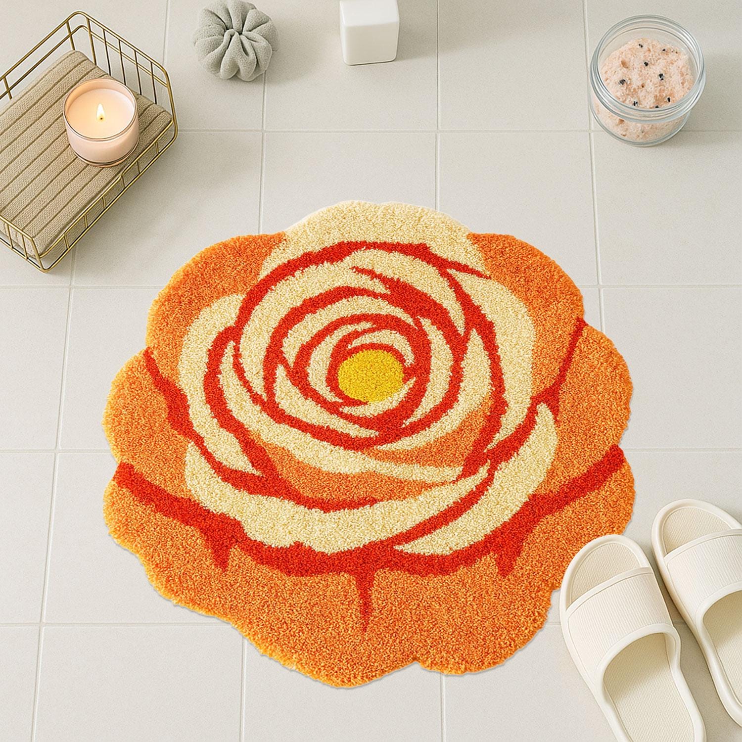 Floral Bath Mat: Tufted Microfiber Flower Rug - Orange, Yellow, Blue - Etsy