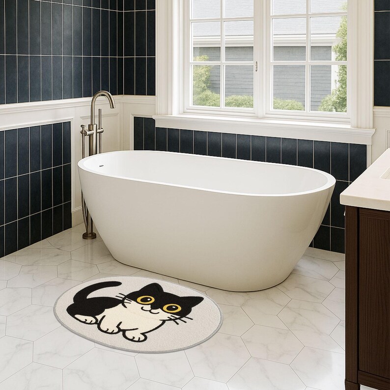 Cute Cat Bath Mat, Black White Bathroom Rugs Soft and Fluffy, Water ...
