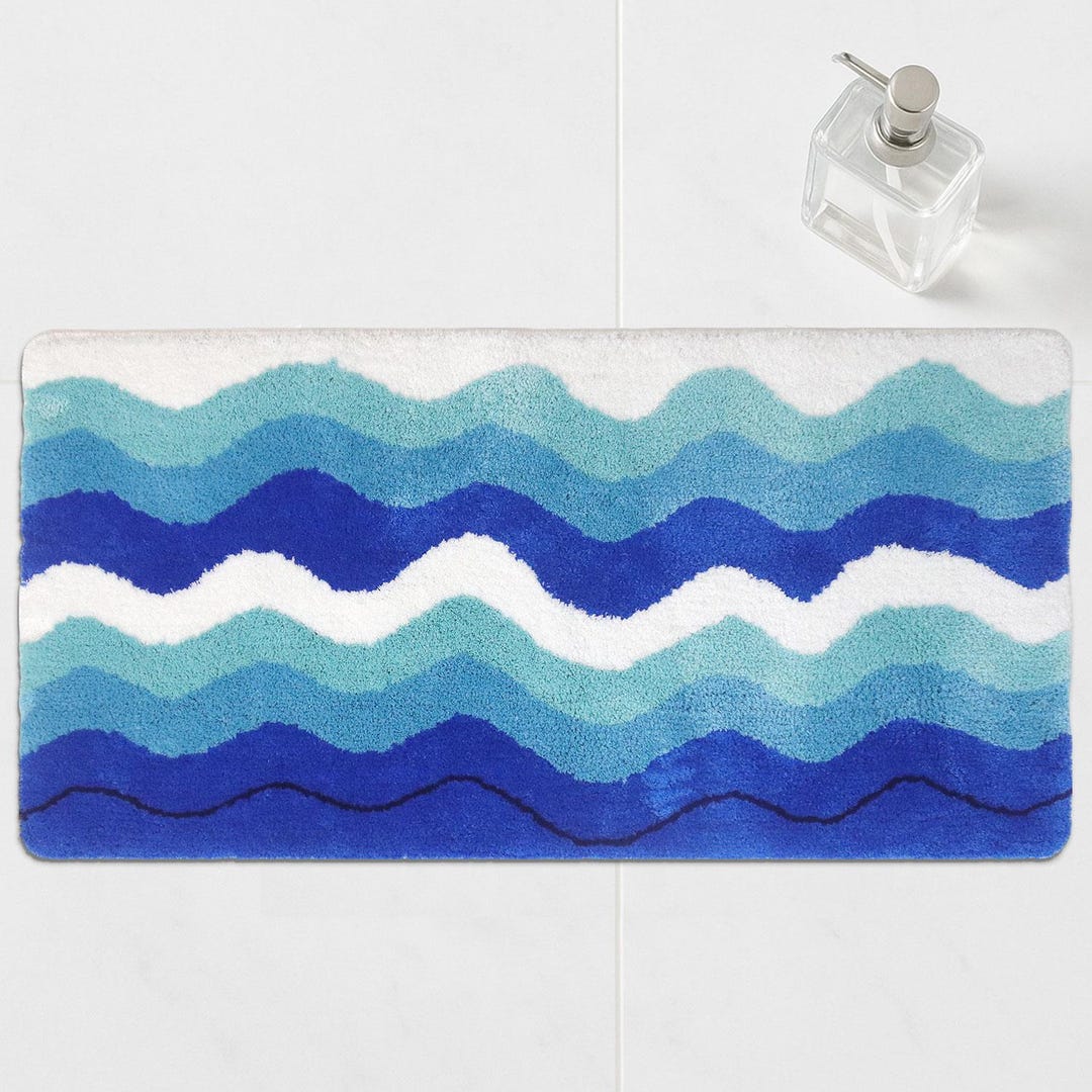Wave Bath Rug Blue Bathroom Décor – Long Soft Absorbent Microfiber ...