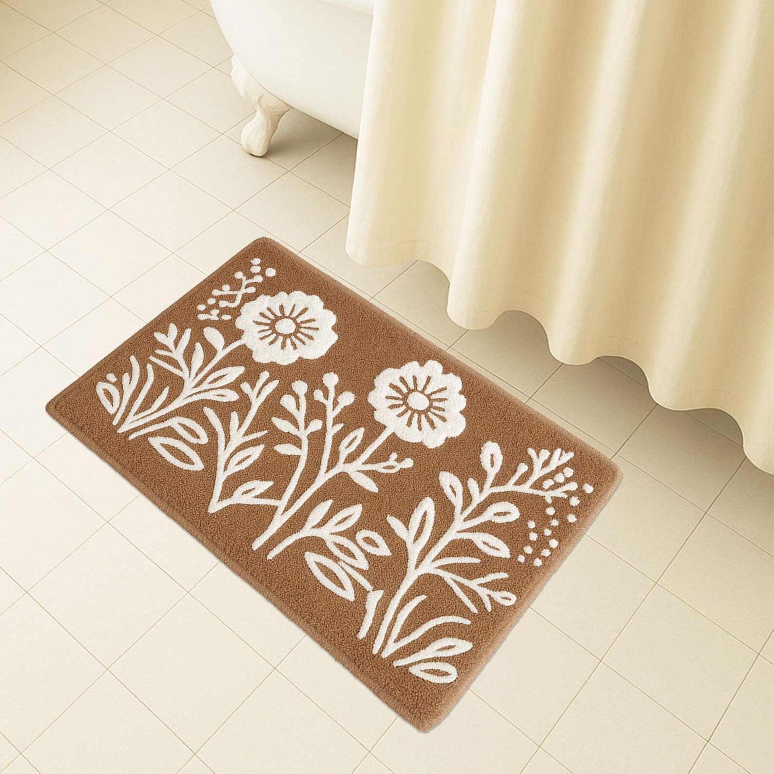 White Floral Bath Mat for Bathroom Décor – Flowers Long Soft Absorbent ...