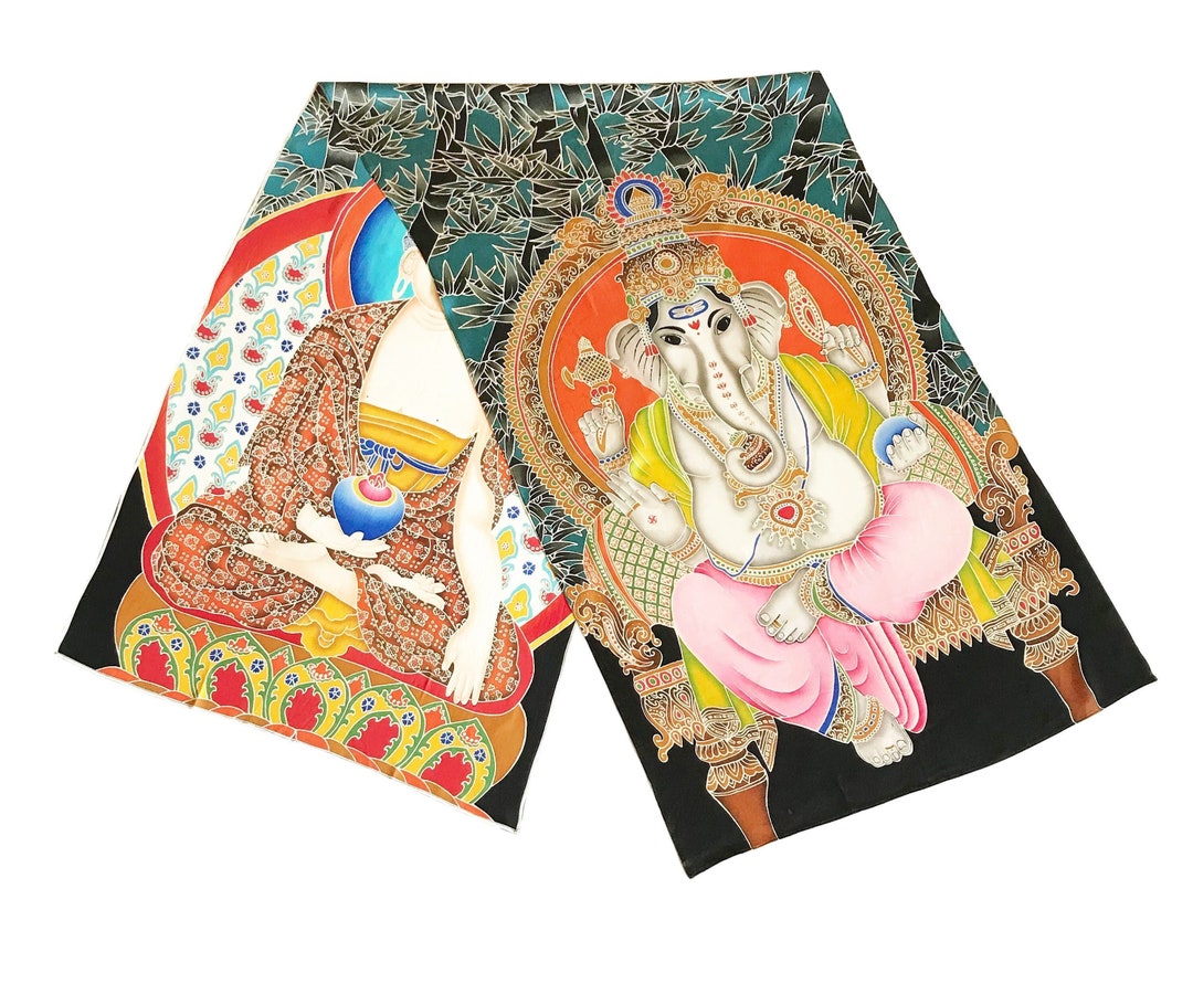 Buddha and Ganesha Hand Painted Silk Scarf. Batik Scarf, Mens Scarf ...