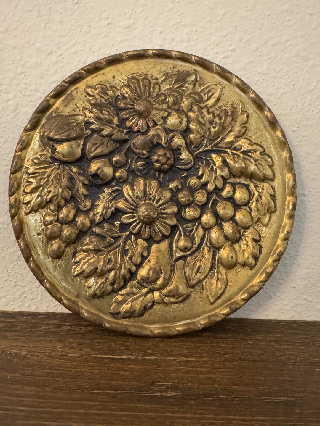 Vintage Brass Colored Metal Round Floral Wall Hanging | Embossed Metal ...