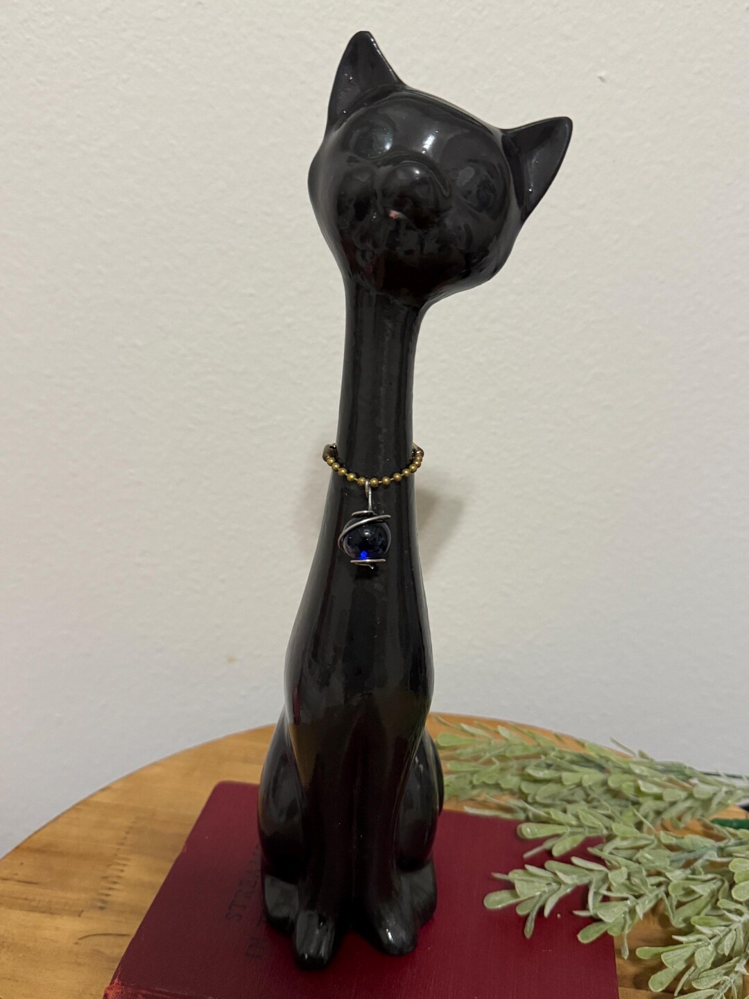 Vintage MCM Black Long Neck Cat | Figurine With Marble Collar | Ceramic ...