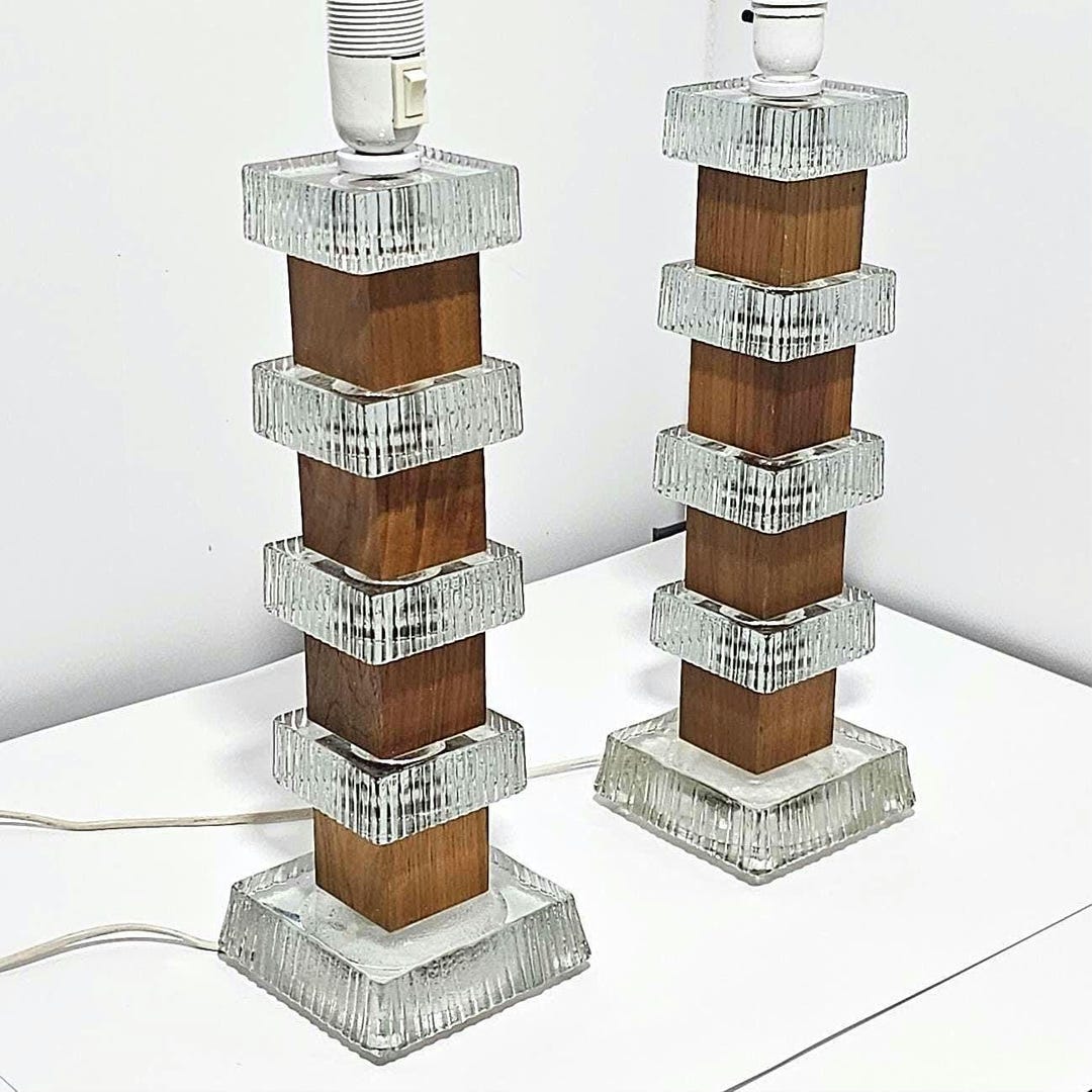 PAIR of Swedish Mid-century Modern Table Lamps Glass Blocks and Teak ...