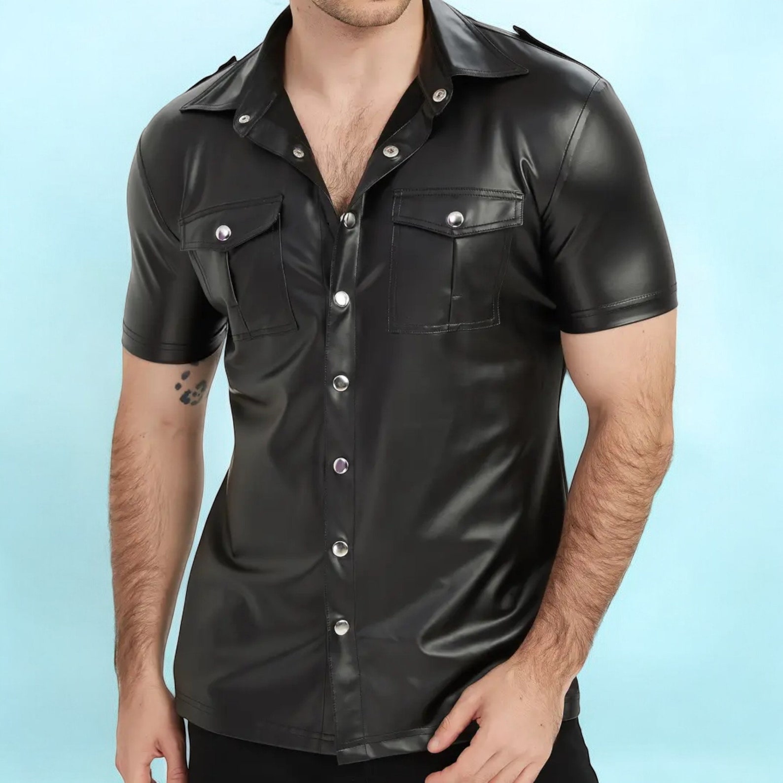 Leather Short Sleeve Street Style Button-up Collar for Motorcycle ...