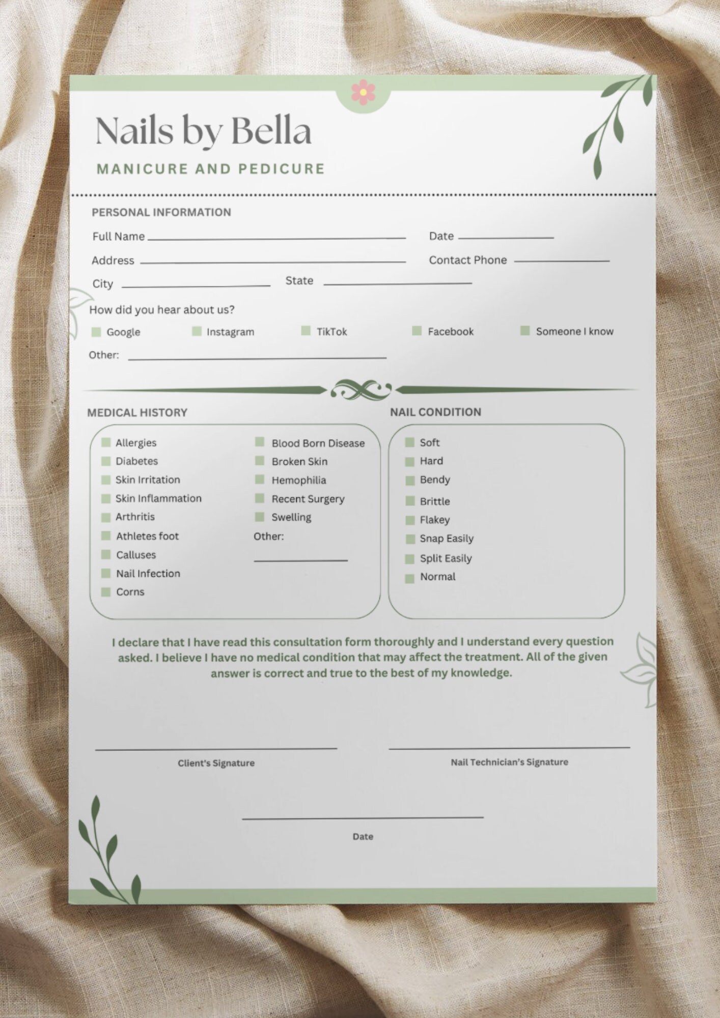Editable Client Intake and Consent Form,nail Salon Printable,editable ...