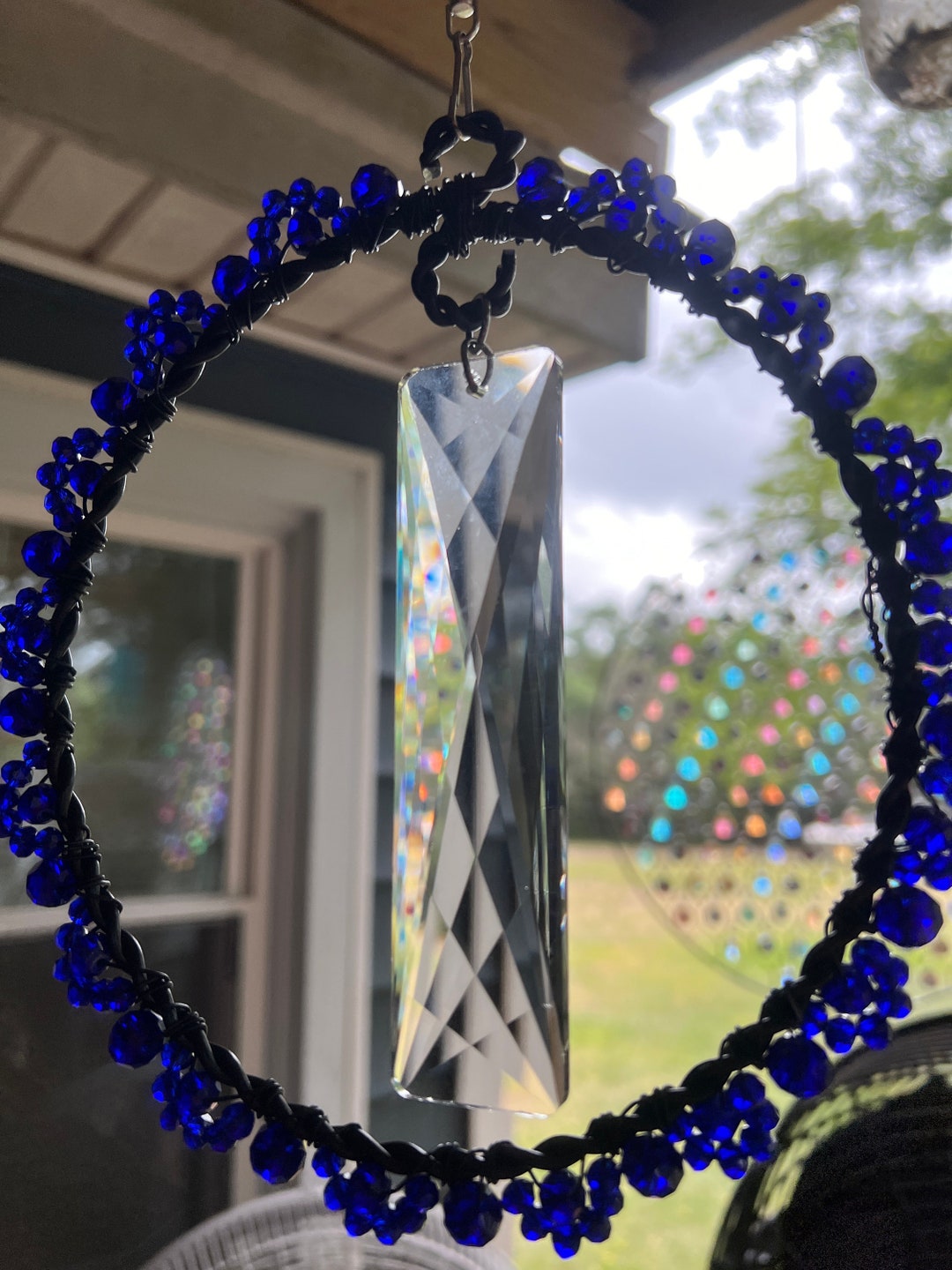 Colorful Glass Beaded Sun Catcher With Dark Blue Crystals 7 In - Etsy