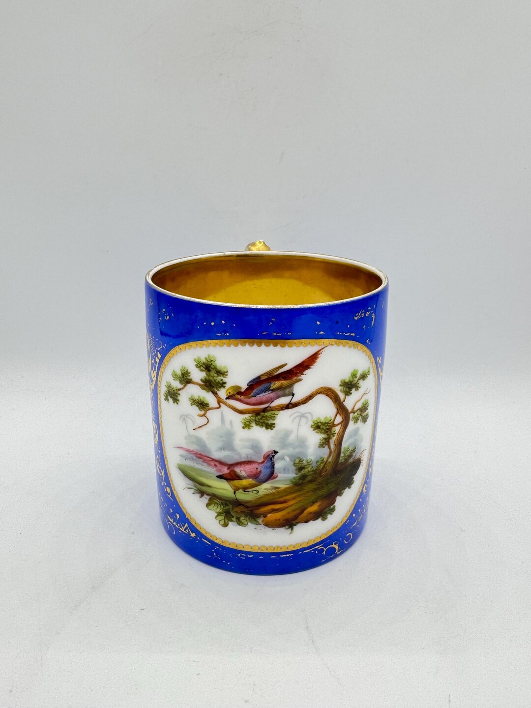 Antique Sevres Style Porcelain Cup: Hand-painted Birds, Cobalt Blue ...