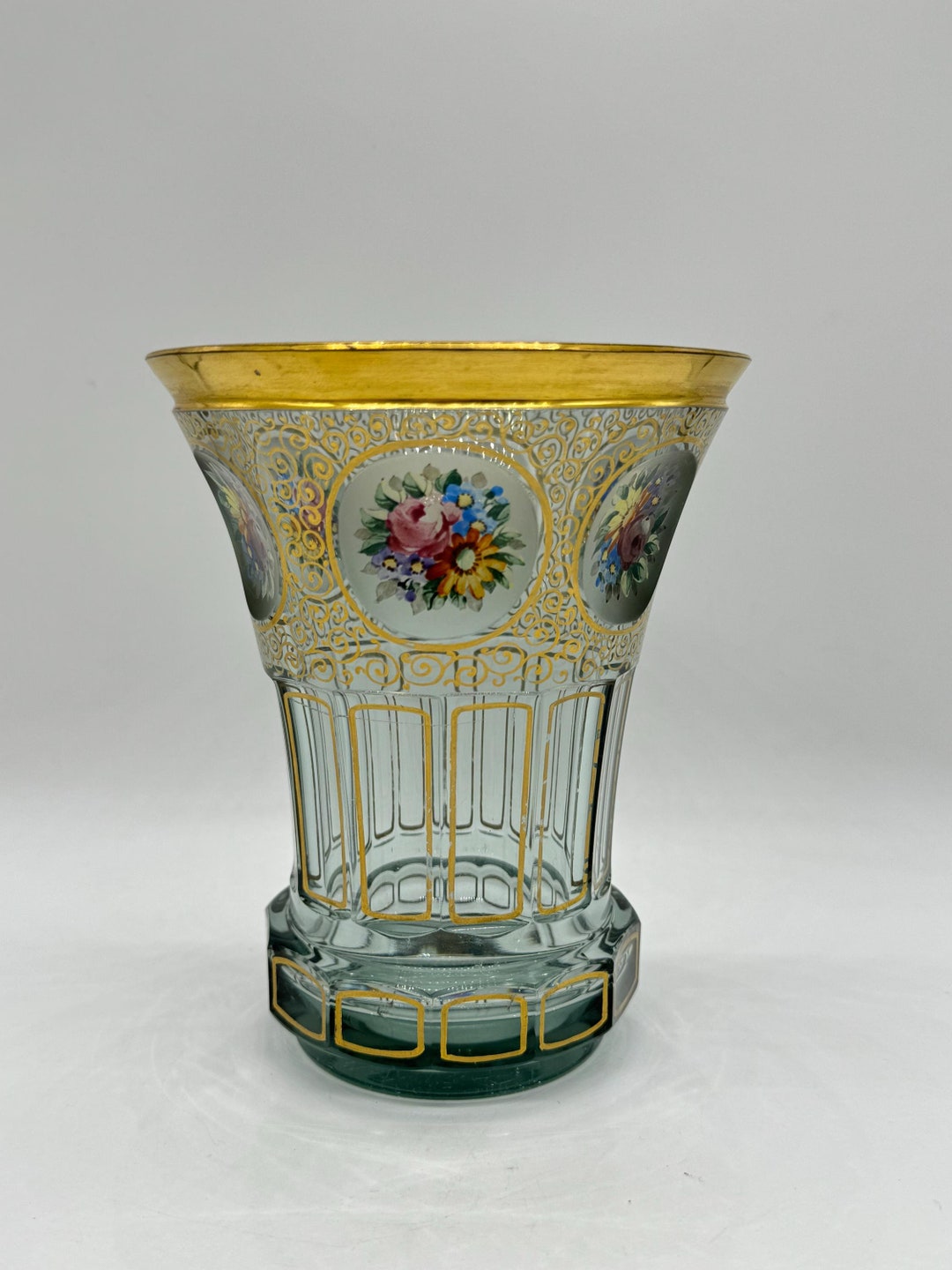 Antique Bohemian Biedermeier Cut Glass Beaker 1830s Hand-painted Enamel ...