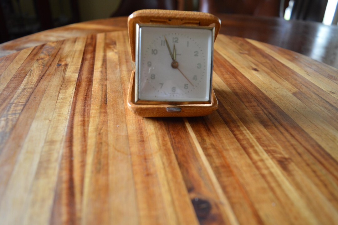 Vintage Mid-century Travel Alarm Clock in Tan Faux Leather Folding Case ...