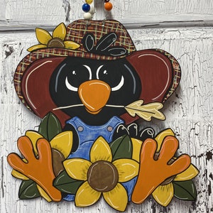 Crow Scarecrow Door Hanger Ribbon Legs, Fall Harvest Decor, Sunflower ...