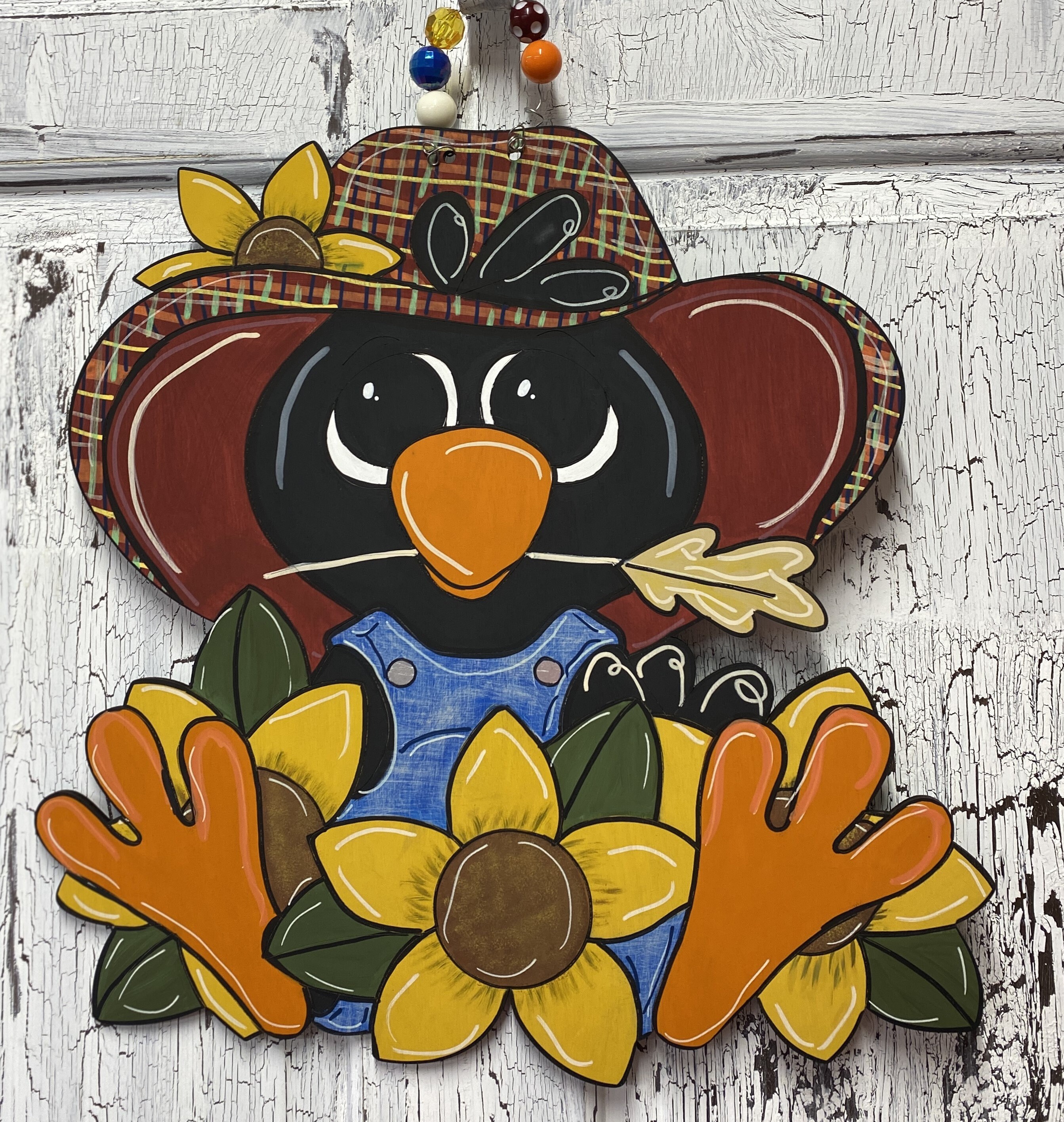 Crow Scarecrow Door Hanger Ribbon Legs, Fall Harvest Decor, Sunflower ...