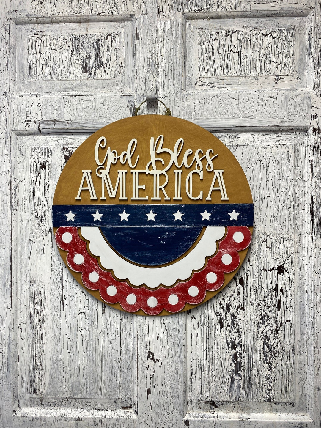 Patriotic Bunting Wooden Door Hanger, God Bless America Wall Hanging ...