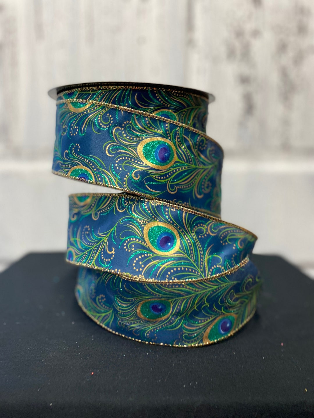 Peacock Feather Design Wired Edge Ribbon, Blue Gold Teal With Glitter 2 ...