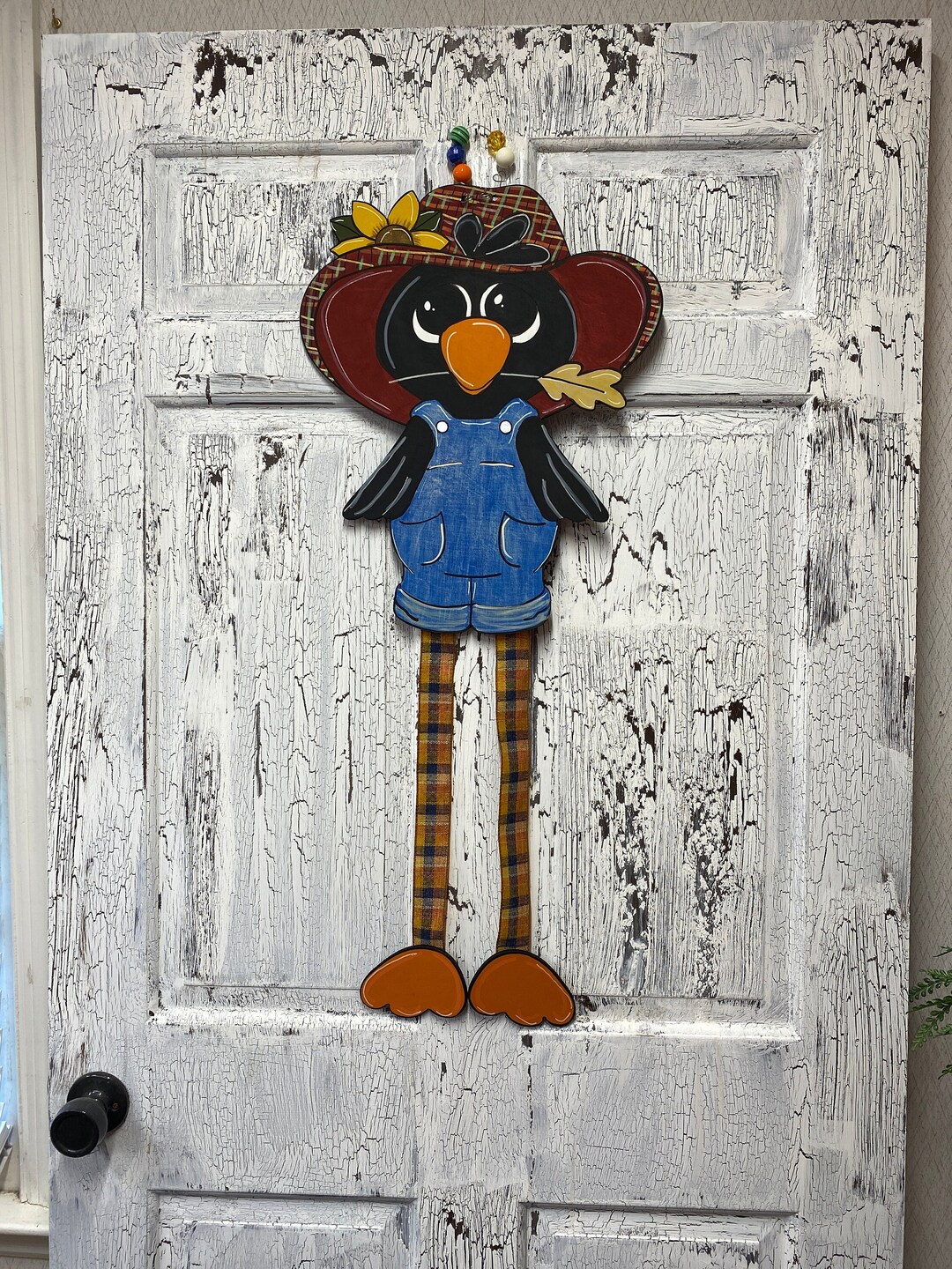 Crow Scarecrow Door Hanger Ribbon Legs, Fall Harvest Decor, Sunflower ...