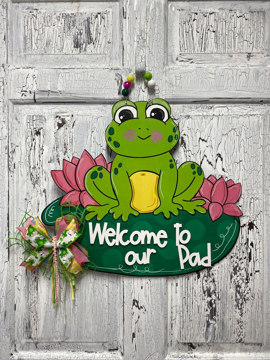 Welcome to Our Pad Frog on Lily Pad Door Hanger, Summer Porch Decor ...