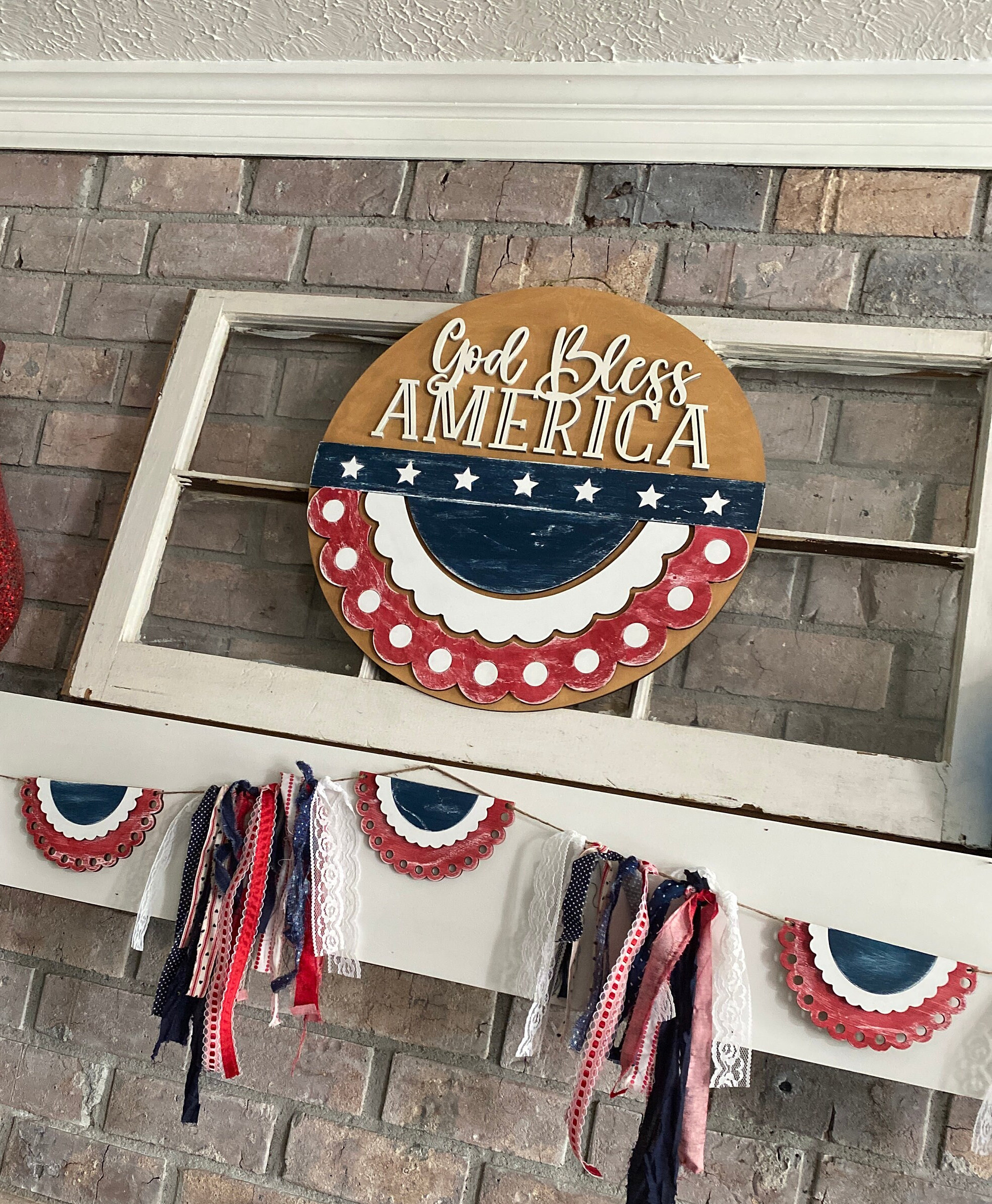 Patriotic Bunting Wooden Door Hanger, God Bless America Wall Hanging ...