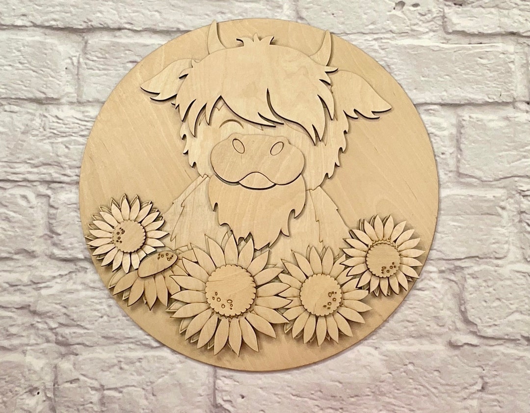 Highland Cow Fall Sunflowers Door Hanger Blank, Fall Farm Animal Vibes ...