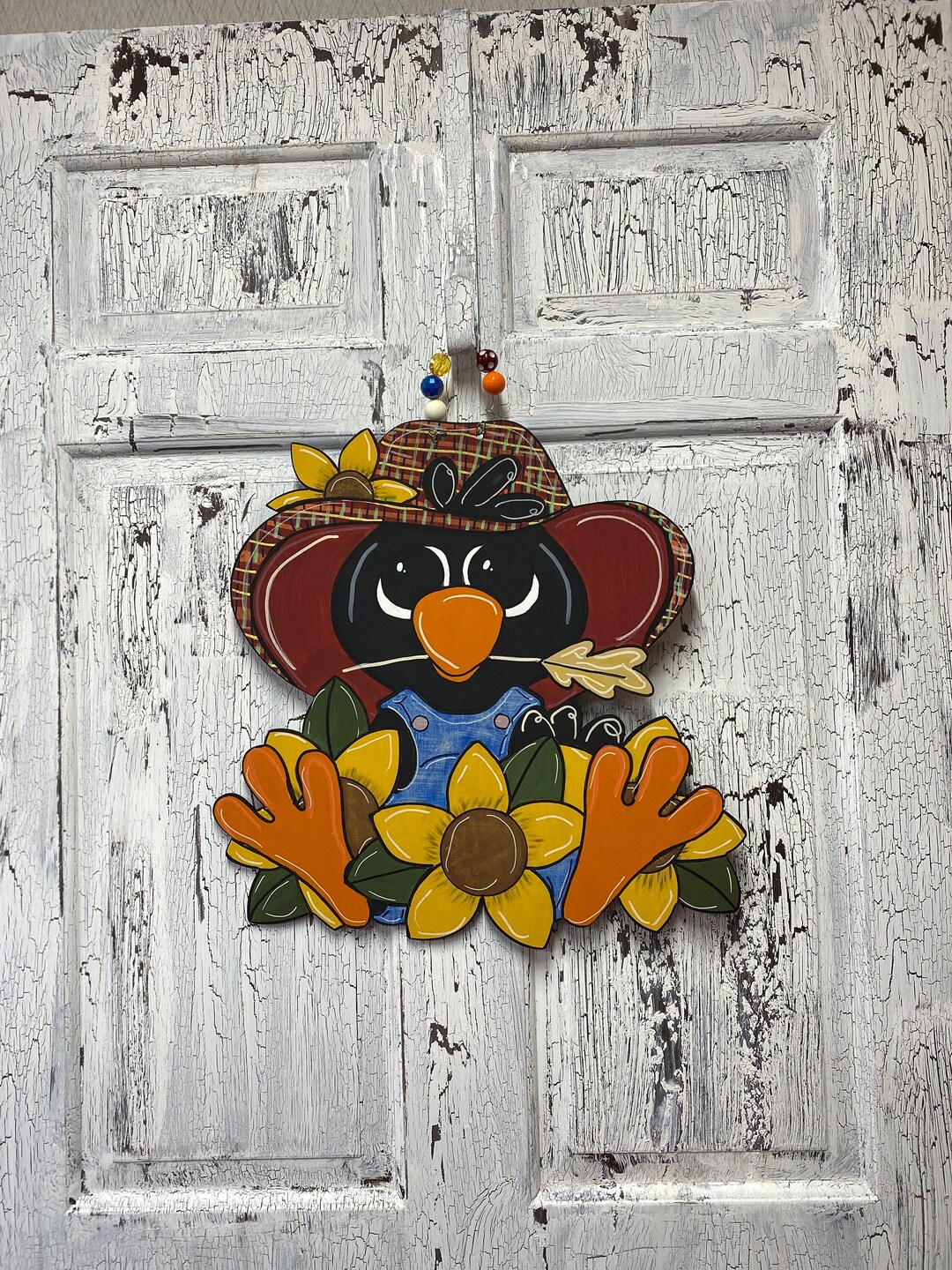 Crow Scarecrow Sunflowers Door Hanger, Ribbon Legs Fall Harvest Decor ...