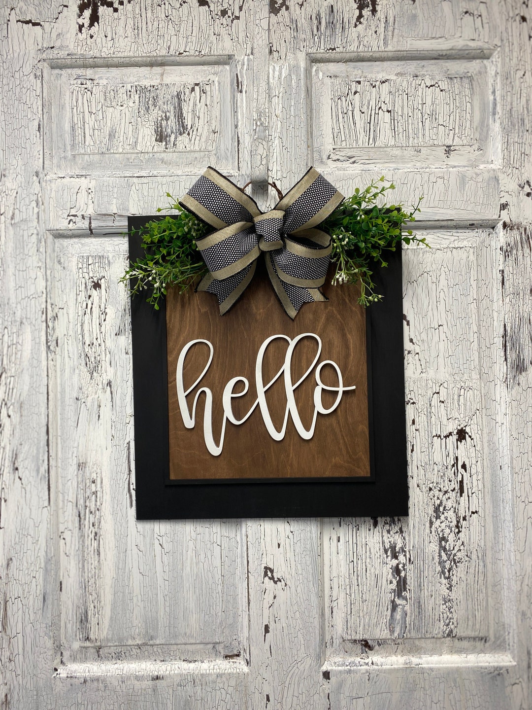 Hello Square Front Door Hanger Wreath, Wooden Housewarming Gift for New ...