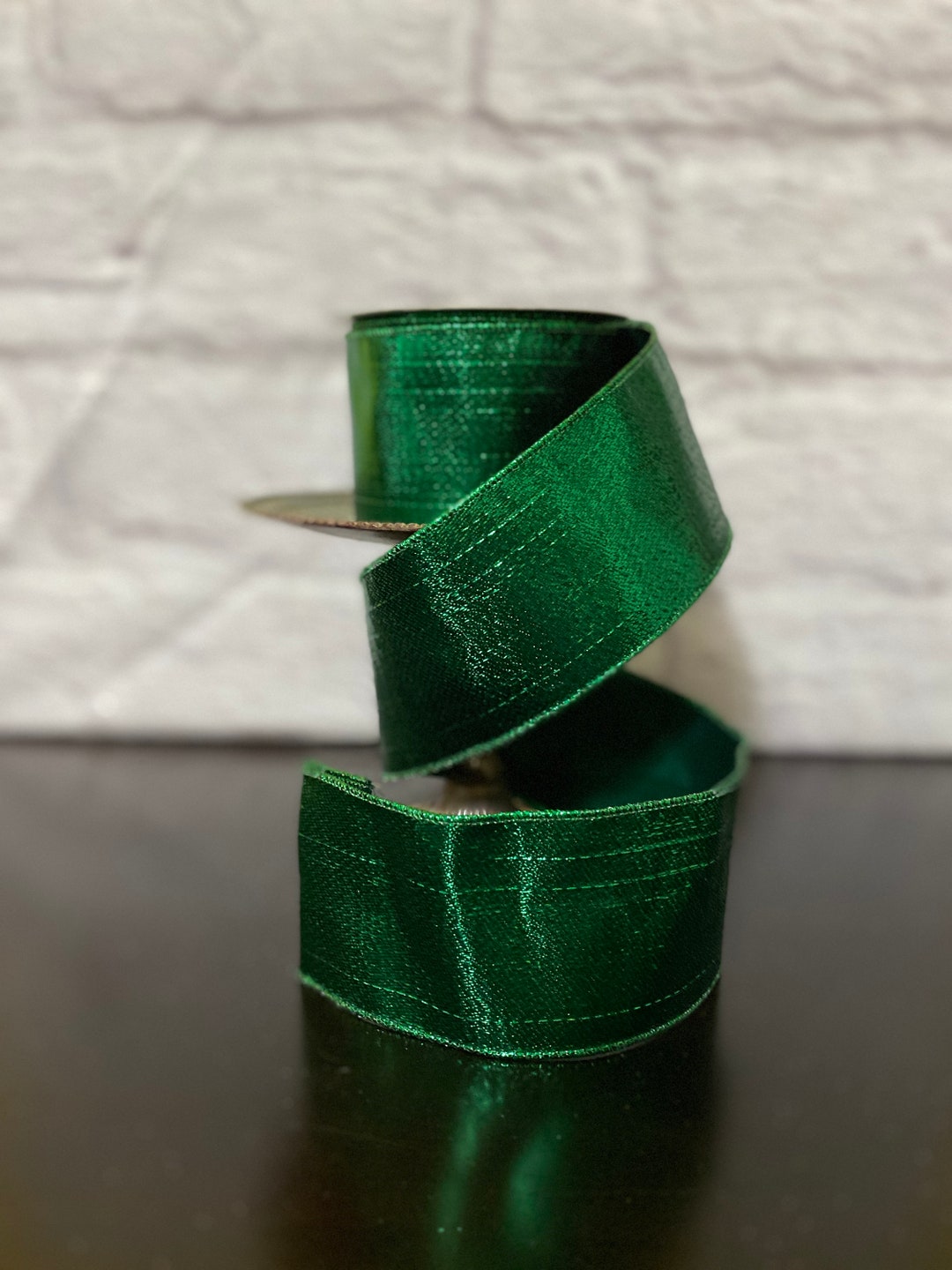 Metallic Lamé Ribbon, Emerald Green Shiny, 2 Half Inch Wired Edge ...